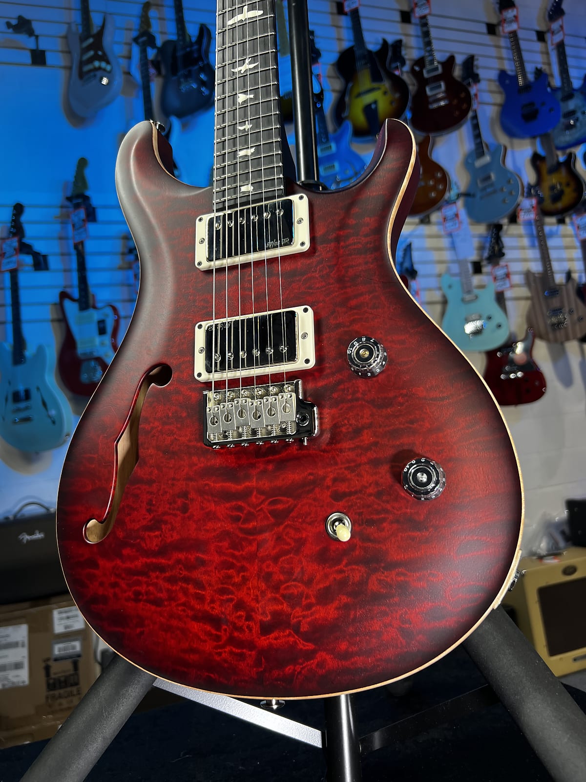 PRS CE 24 Semi-Hollow Electric Guitar - Satin Fire Red Burst w/ Red Ba